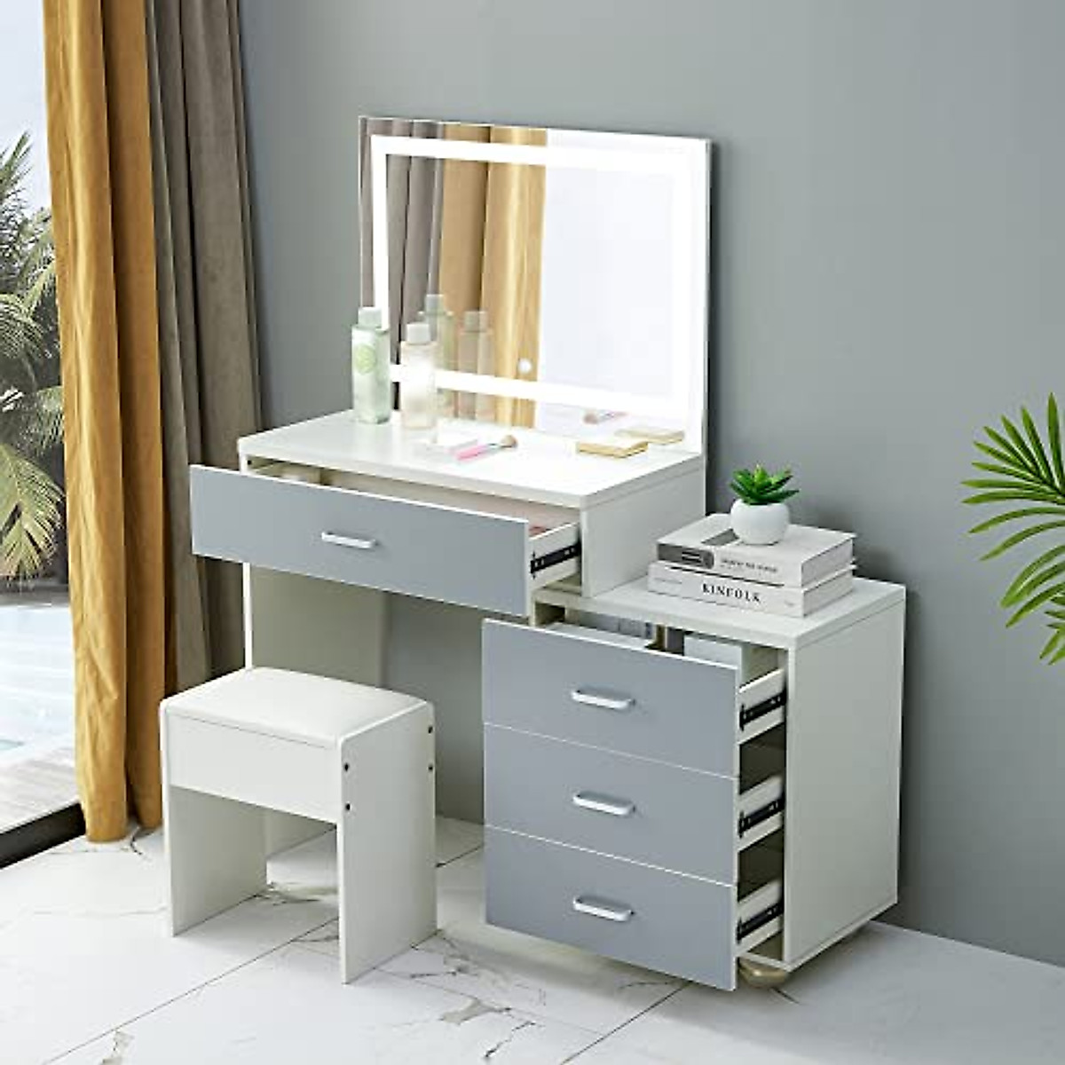 Vanity Makeup Dressing Table Stool Set, Modern Dressing Table Makeup Desk with LED Touch Light Mirror Drawers Shleves Stool(46.5" L*13.7”W*49”H) White