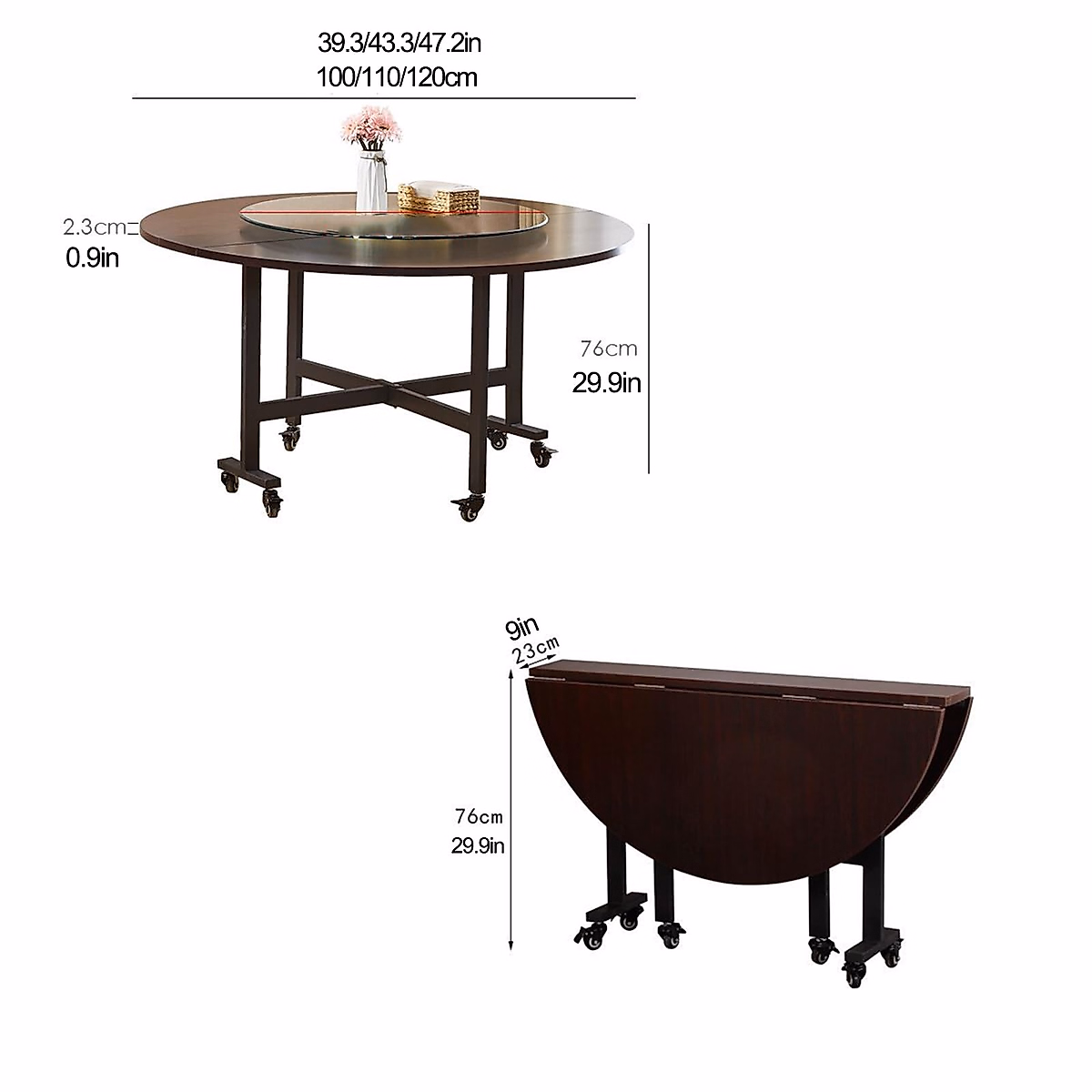 Mobile Folding Dining Table, Round Drop-Leaf Folding Dining Table, Versatile Dinner Table with 6 Wheels, Sturdy Metal Frame, for Small Space Dining Room Kitchen (Color : G, Size : 100cm/39.3in)