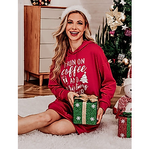 Quenteen I Run On Coffee and Christmas Cheer Sweatshirt Dress For Women Casual Loose Fitiing Hoodies Dress Red Small