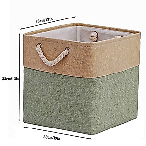 Extra Large Cube Storage Baskets (13 × 13 × 13 inches), Canvas Fabric Storage Boxes with Cotton Handles for Cupboards, Shelves, Clothes, Toys, Towel (Large, Green)
