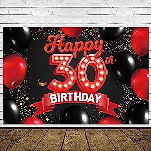 Happy 30th Birthday Red and Black Banner Backdrop Decorations Balloons Theme Decor for Girls Women Princess 30 Years Old Birthday Party Bday Photo Booth Props Supplies Background Favors Glitter Gold