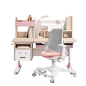 FCD Kids Desk and Chair Set, Ergonomic Wood Adjustable Kids Study Desk with Bookshelf, Tiltable Desktop, Tablet Holder and Drawers for Writing, Reading and Drafting (Desk and Chair, Pink)