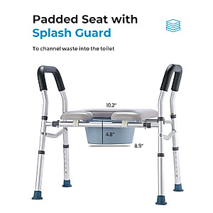 HEAO 3-in-1 Raised Toilet Seat, Adjustable Width/Height, Padded Seat with Splash Guard, Toilet Safety Frame, Shower Chair for Seniors, Handicap,Pregnant, 300 lbs