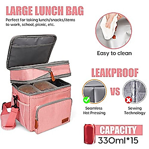 Insulated Lunch Bag for Women Men, Expandable Dual Compartment Lunch Bag with Utensil Pouch, Adult Large Lunch Box for Work, Leakproof Lunch Cooler Bag with Shoulder Strap for Picnic Beach