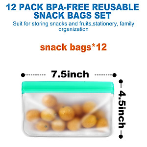 12 Pack Reusable Snack Bags, Reusable Ziplock Silicone Bags Reusable Food Storage Bags, Snack Size Zip Lock Bag for Travel Home Fridge Kitchen Organization and Storage Lunch Meal Prep Snack Containers