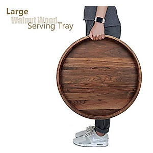 MAGIGO 20 Inches Extra Large Round Black Walnut Wood Ottoman Tray with Handles, Serve Tea, Coffee or Breakfast in Bed, Classic Circular Wooden Decorative Serving Tray
