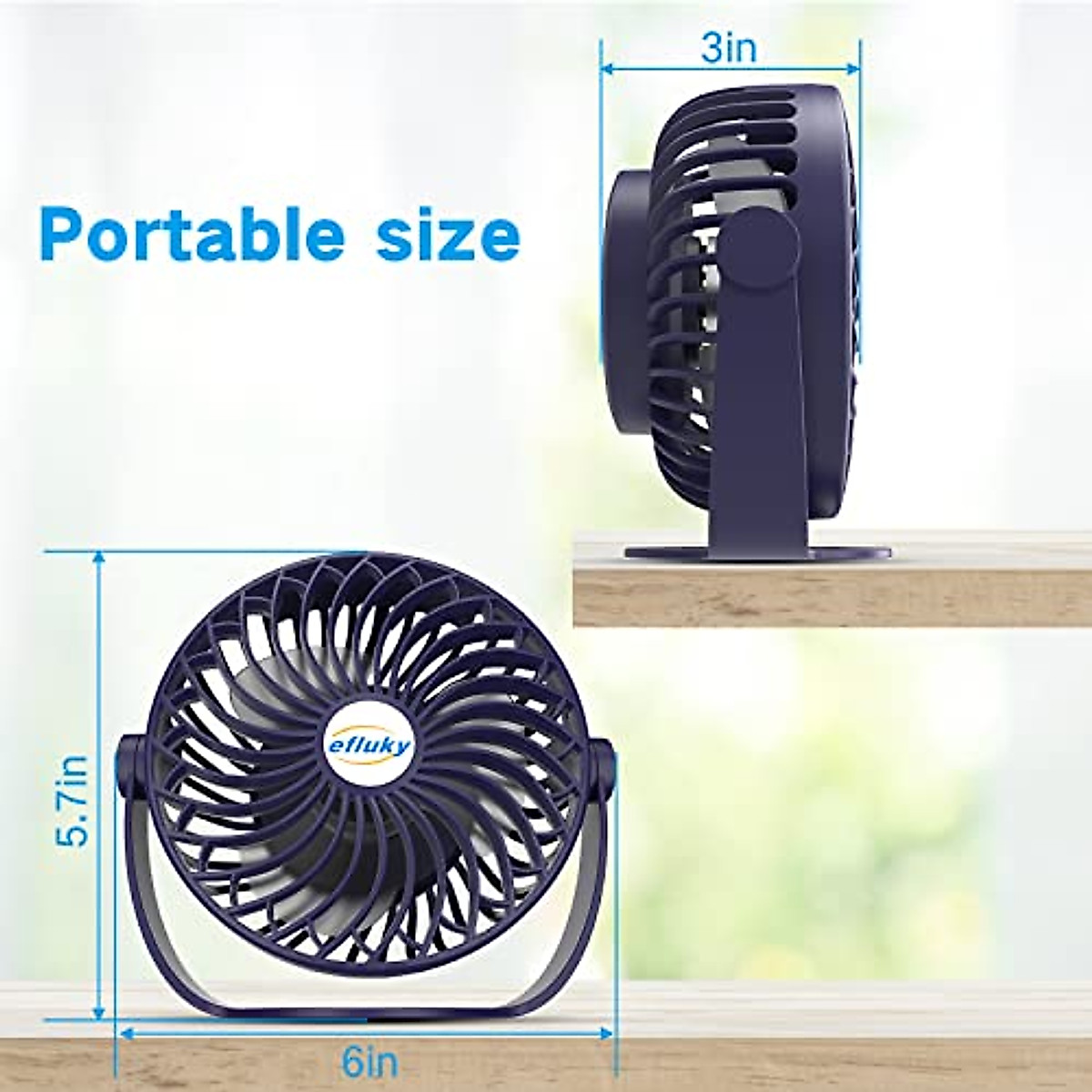 efluky Small Desk Fan, 5 Speeds USB Rechargeable Fan Built-in 3200mAh Battery, 360° Adjustment Portable Mini Fan Surtable for Home, Office, Travel, Camping, 5.7'' Navy