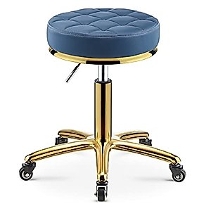 Rolling Salon Stool Swivel Beauty Chair Hairdresser Round Leather Cushion Adjustable Height Chair with Wheels And Gold Stainless Steel Base for Spa Work Office Massage Manicure Tattoo ( Color : Blue )