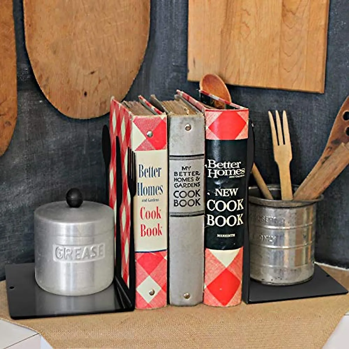 Cookbook Bookends Kitchen Fork Knife Spoon Book Ends Support with Non-slip pad, Black Metal Cookery Book Holder for Kitchen Shelf Mothers Day Teachers Day Housewarming Cooking Lover Gifts (1 Pair)