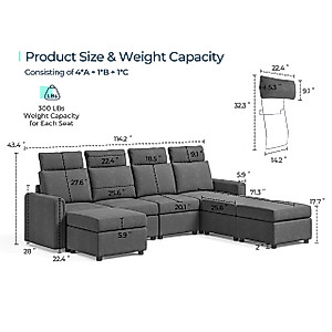 LINSY HOME Modular Sectional Sofa, Upgraded High Back Sectional Couch with 4 Headrests, U Shaped Sofa Bed with Storage, Sofa Covers Removable, 7 Seat Couch with Ottoman for Living Room, Dark Grey