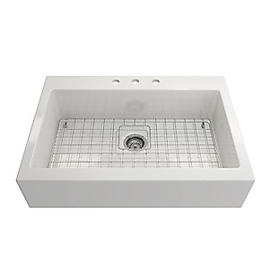 BOCCHI Nuova Apron Front Drop-In Fireclay 34 in. Single Bowl Kitchen Sink with Protective Bottom Grid and Strainer in White