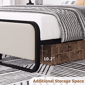 Homhougo Queen Size Bed Frame with Upholstered Headboard and Footboard,10.3'' Underbed Space, Curved Design, Strong Slats Support, Box Spring Optional, Beige