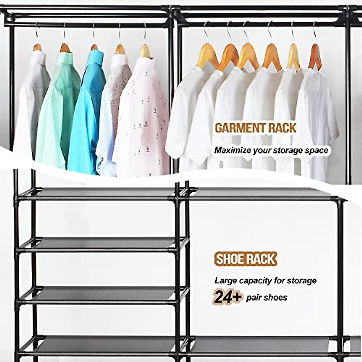 Kertnic 4-Tier Shoe, Boots Rack Storage Organizer for Entryway, Free Standing Black Versatile Shoe Shelf Stand with Coat Hanging Garment Rack for Bedroom (upgrade)