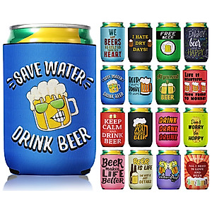 16 Pieces Beer Can Sleeves Funny Quotes Beer Can Coolers Insulated Beer Soda Can Cover 12 oz Neoprene Beer Holder Non Slip Colored Drink Can Covers for Beer Cans and Bottles Home Kitchen Office Bar