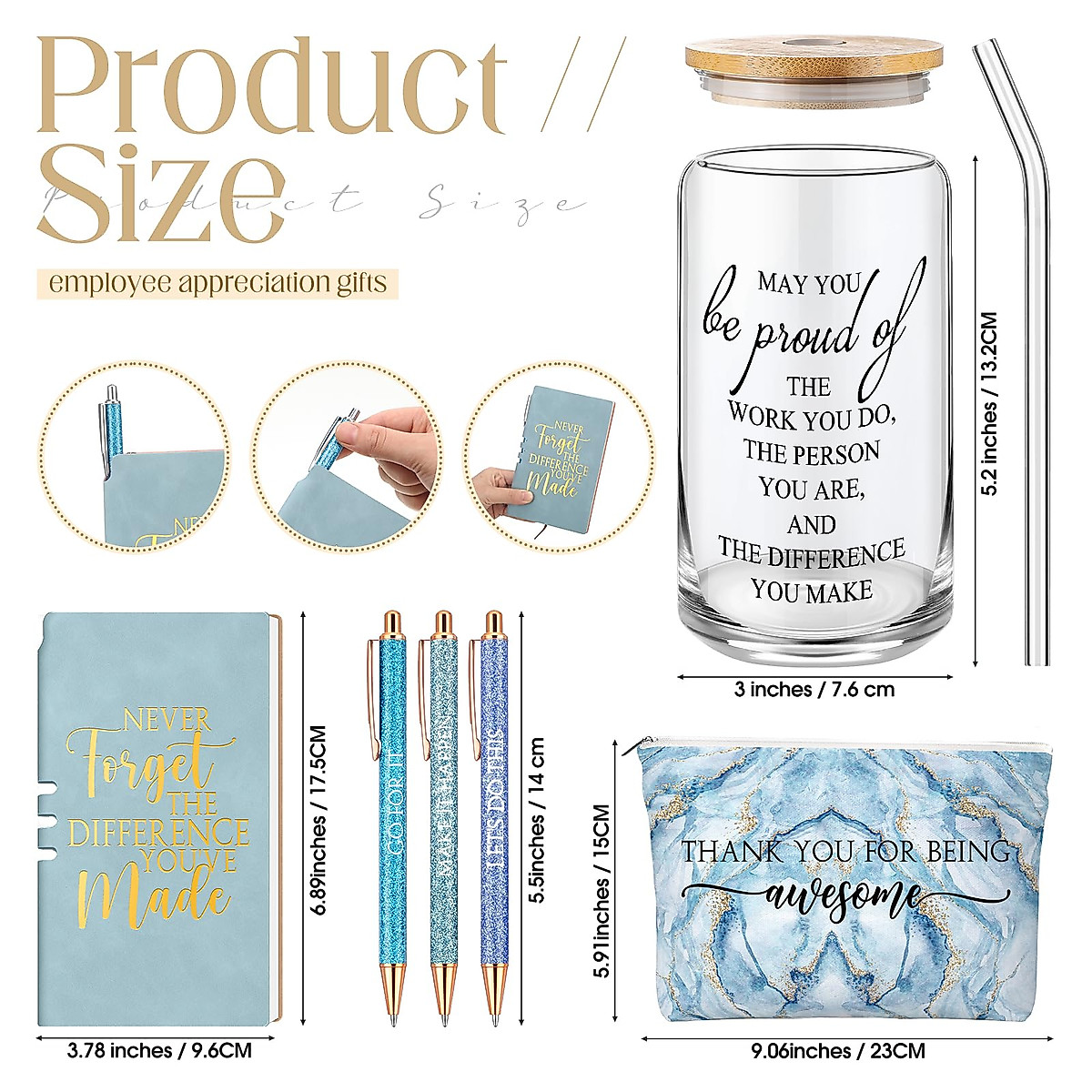 Funnymoom 6 Pcs Employee Appreciation Gift Set for Women Thank You Gifts May you Be Proud 17 oz Glass Cup Inspirational Gift Makeup Bag A6 Journal Ballpoint for Staff Coworkers Teachers Team(Blue)