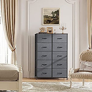 WLIVE 10-Drawer Dresser, Fabric Storage Tower for Bedroom, Hallway, Nursery, Closets, Tall Chest Organizer Unit with Textured Print Fabric Bins, Steel Frame, Wood Top, Easy Pull Handle, Dark Grey