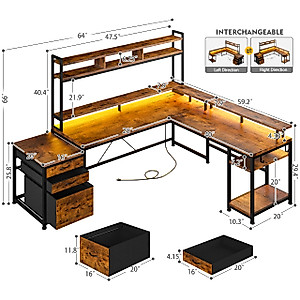 EnHomee L Shaped Desk with Drawers Large L Shaped Gaming Desk with LED & Storage Shelf Reversible Gaming Desk with Monitor Stand Power & Outlet Wide Home Office Desks with File Cabinet Brown