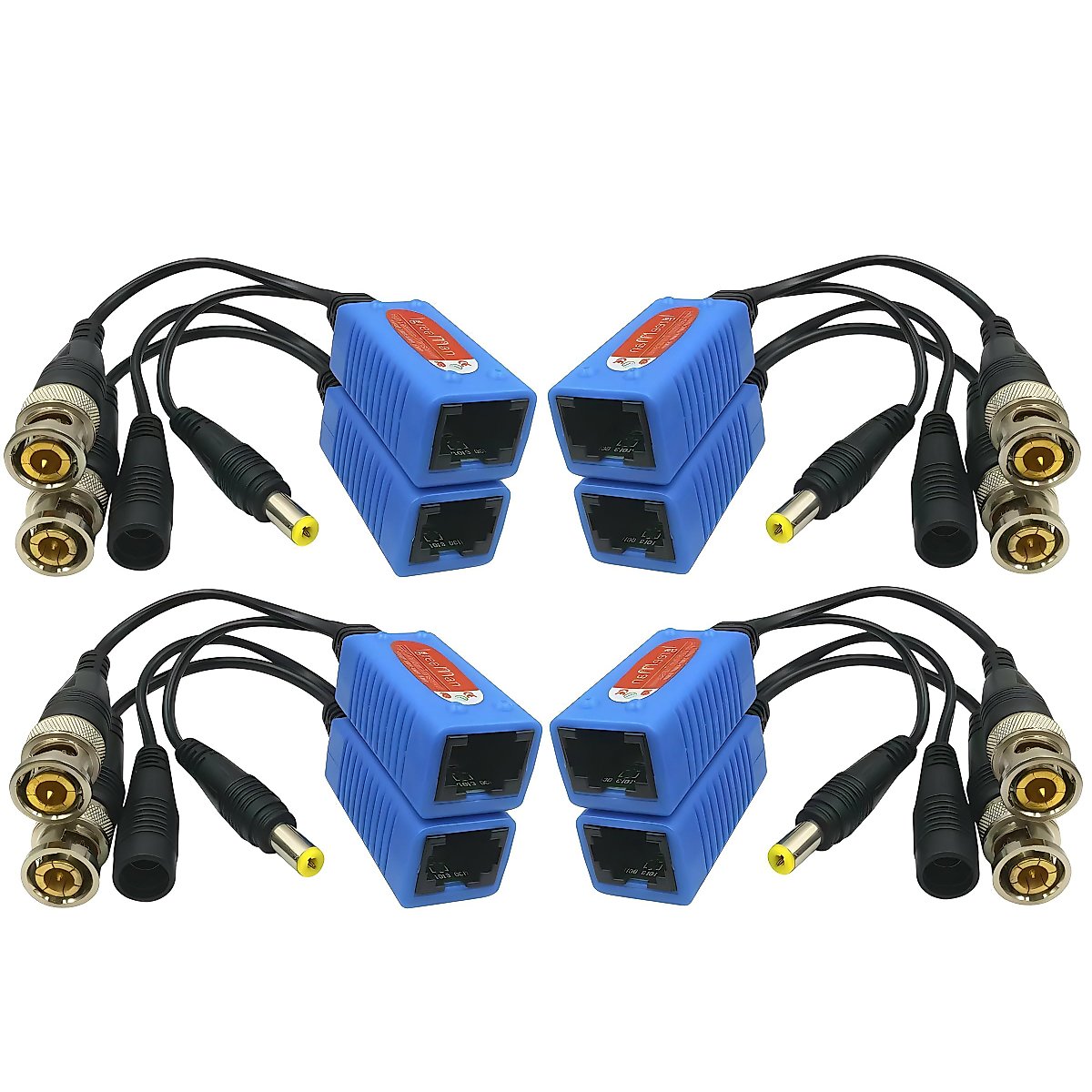 Igreeman 4 Pair Passive Video Balun BNC to RJ45 Adapter with Power, 1080P-8MP Surveillance Analog Camera Ethernet Cable Transceiver, Cat5e/Cat6 Cable to BNC Male Connector