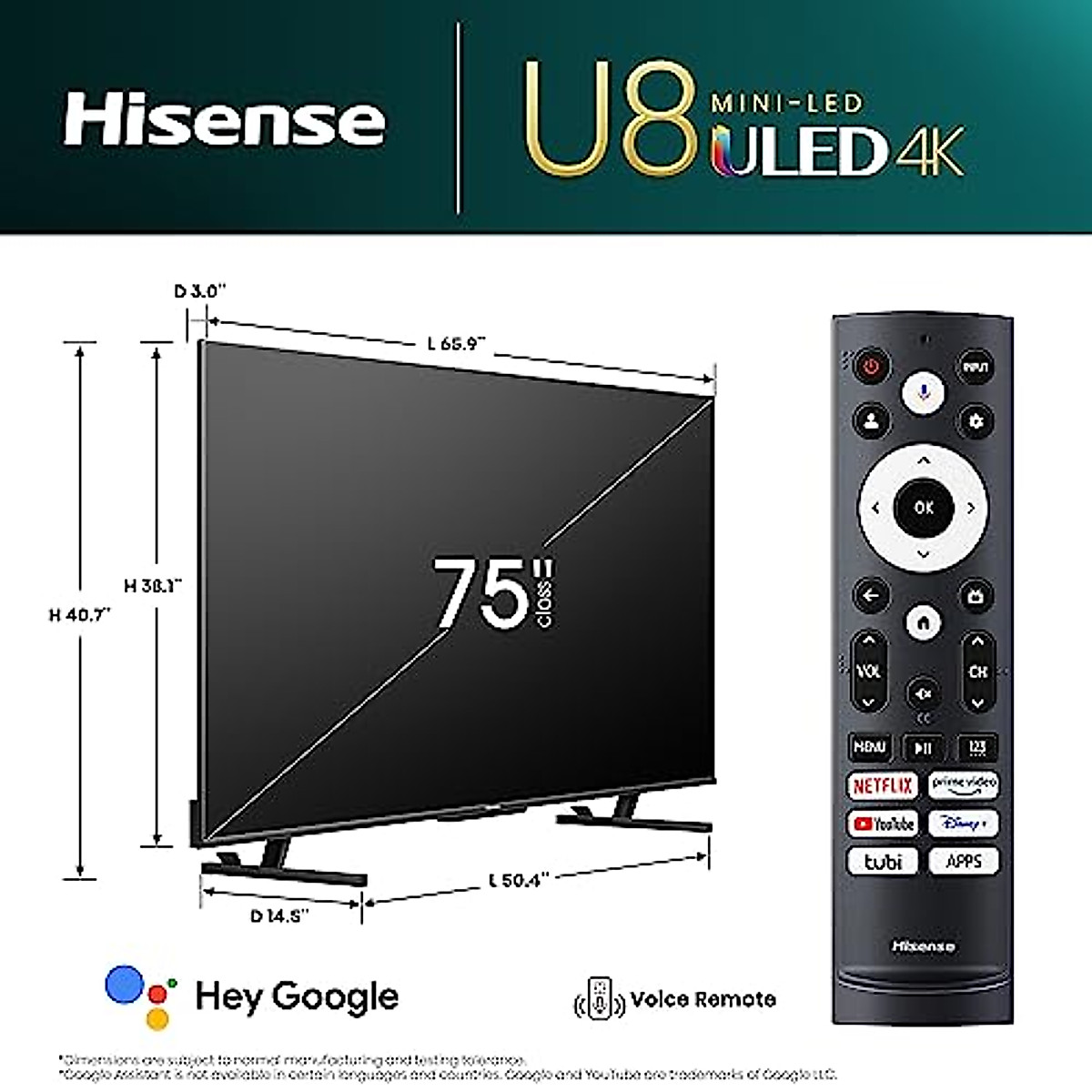 Hisense 75-Inch Class U8 Series ULED Mini-LED Google Smart TV (75U8K, 2023 Model) - QLED, Native 144Hz, 1500-Nit, Dolby Vision IQ, Full Array Local Dimming, Game Mode Pro, Compatible with Alexa