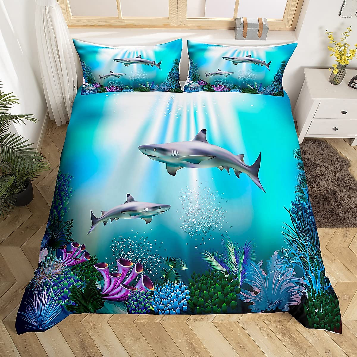 Feelyou Kids Shark Bedding Set Queen 3D Ocean Animal Duvet Cover for Girls Boys, 3 Pcs Coral Seeweed Bedding Underwater World Children Bedspread Sea Sharks Printed on Blue Bedclothes