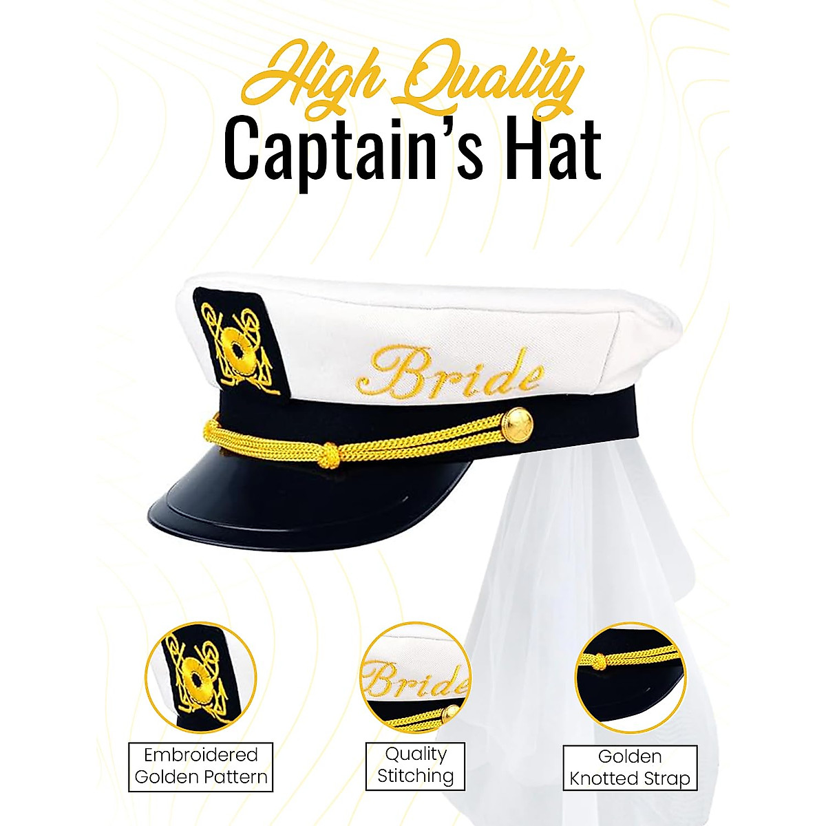 Bachelorette Party Captain's Hat - Cute Bride to Be Nautical Bachelorette Hat | Fun Bridal Shower Accessories Decor Wedding (with Veil) White