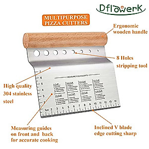 DflowerK Dough Pastry Scraper Chopper Cutter 304 Stainless Steel Great as Griddle Bread Pizza Dough Cutter with Double-Sided Measuring Marks Kale Herb Stripper 8 Holes
