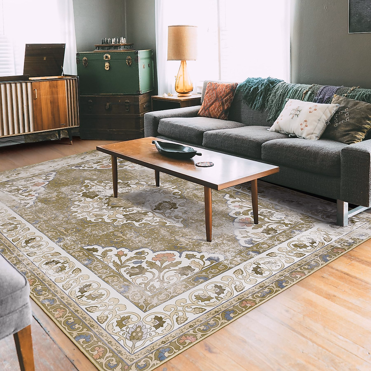 B BENRON Soft Living Room Rug 4x6, Brown, Thin Rugs for Bedroom, Floral Rug with Memory Foam, Low-Pile Area Rug Home Decor