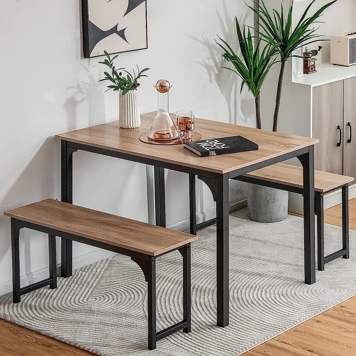 NAFORT 3-Piece Dining Table Set for 4, 43.5" Modern Kitchen Table Set w/2 Benches & Metal Frame, Space Saving Dining Room Table Set with MDF Wood Board, Ideal for Home, Restaurant, etc.
