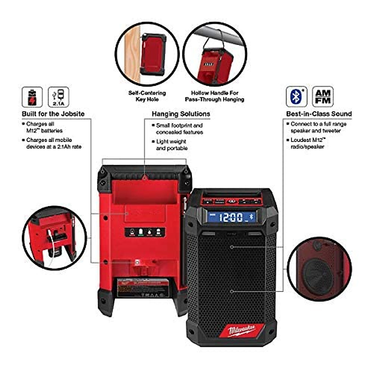 Milwaukee 2951-20 M12 Lithium-Ion Cordless Jobsite Radio/Bluetooth Speaker with Built-In Charger (Tool Only)