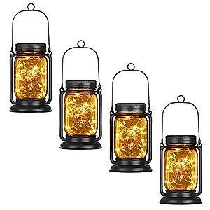 Solar Lanterns Outdoor Waterproof Hanging Mason Jar Solar Lights with 30 Led Lights,Retro Garden Solar Table Lights for Patio Yard Lawn and Christmas DIY Decorations (Solar Lantern 4 Pack)