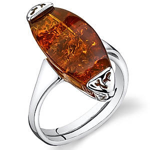 PEORA Genuine Baltic Amber Gallery Ring for Women 925 Sterling Silver, Large Statement Stone, Rich Cognac Color Size 8
