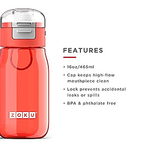 Zoku Kids Flip Gulp Bottle, 16 Ounce Lightweight Tritan Water Bottle with Leak-proof One-touch Locking Lid, Carry Loop, and Easy Flow Mouthpiece, Dishwasher Safe, Red