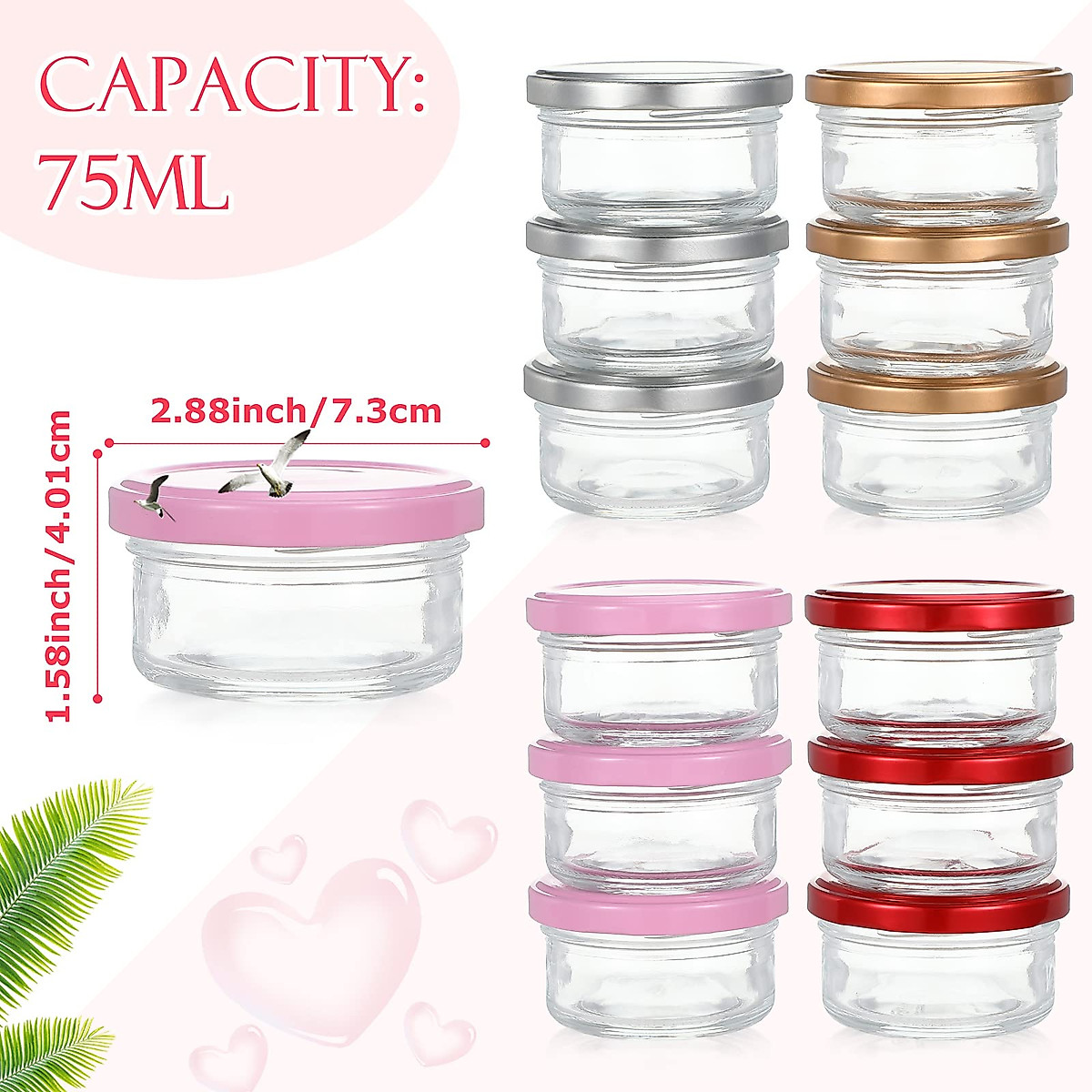 12 Pcs 2.5 oz Salad Dressing Container to Go Small Glass Food Storage Containers with Lids Airtight Small Glass Jars Leak Proof Reusable Dipping Condiment Sauce Containers for Lunch Box Picnic Travel