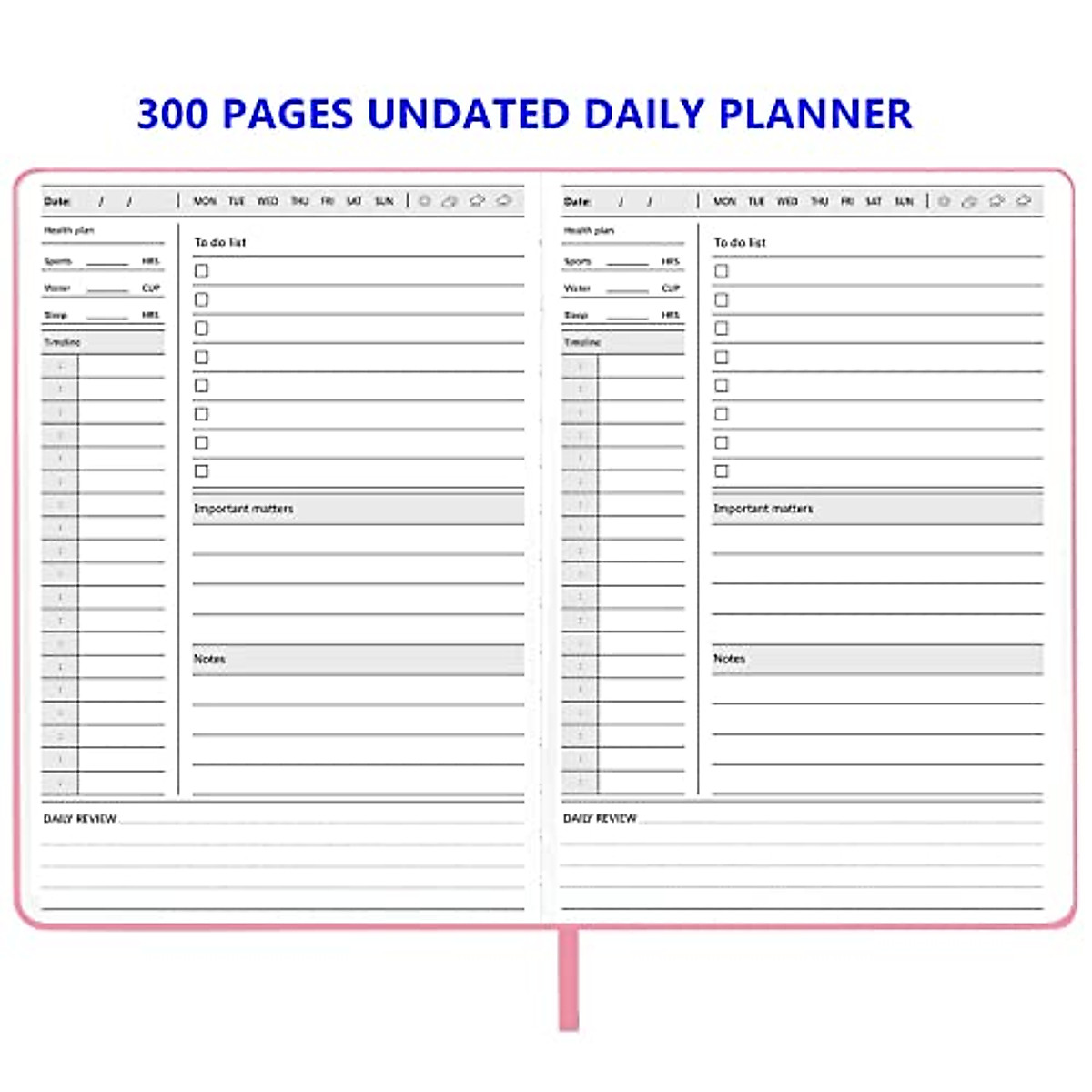 Daily Planner 2023 A5 Hardcover Undated To Do Planners for Women 300 Pages with Bookmark Easy Manage Daily Plan - Pink