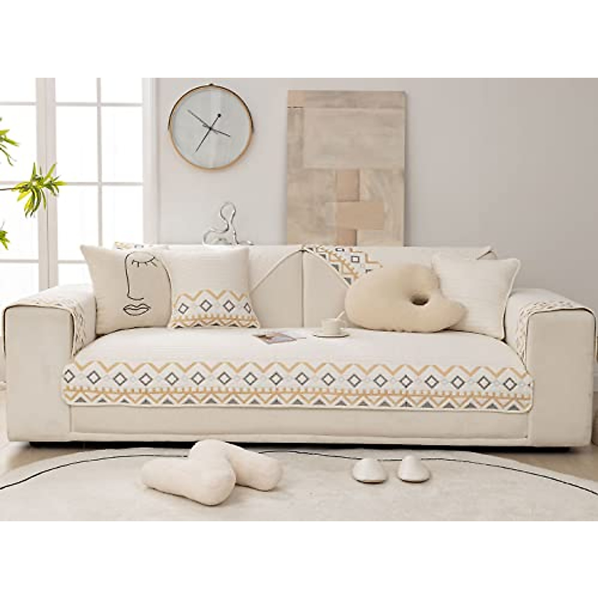 vctops Boho Geometric Embroidery Sofa Couch Cover Cotton Love Heart Quilted Sectional Couch Covers Non-Slip Washable Sofa Slipcover for Dogs, Children, Pets Furniture Protector (Cream,36"x63")