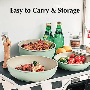 Nonstick Cookware Sets, Ceramic Pots and Pans Set with Detachable Handle, 5 Piece Non Stick Kitchen Cooking Sets, RV Cookware Set for Induction Stoves Dishwasher Oven Safe, PTFE PFOA PFAS Free, Green