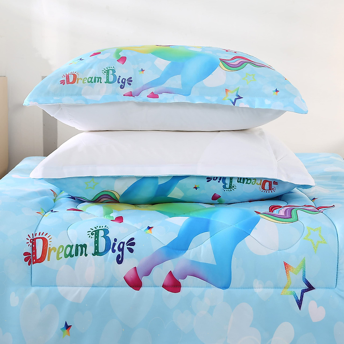 VIVILINEN Blue Unicorn Toddler Comforter Set for Girls 3 Piece Rainbow Unicorn Kid Toddler Bedding Set for Kids Bed-in-a-Bag Bedspreads Quilt Set with Comforter, 2 Pillowcases