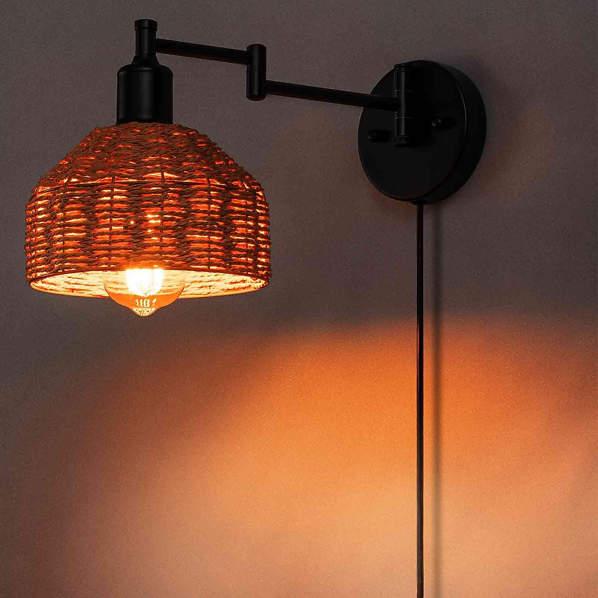 Plug in Wall Sconces, Swing Arm Wall Lamp with Natural Paper String Lampshade Set of 2, Vintage Adjustable Wall Mounted Sconce Wall Lighting Fixture for Bedroom,Bedside,Kitchen,Living Room,Reading