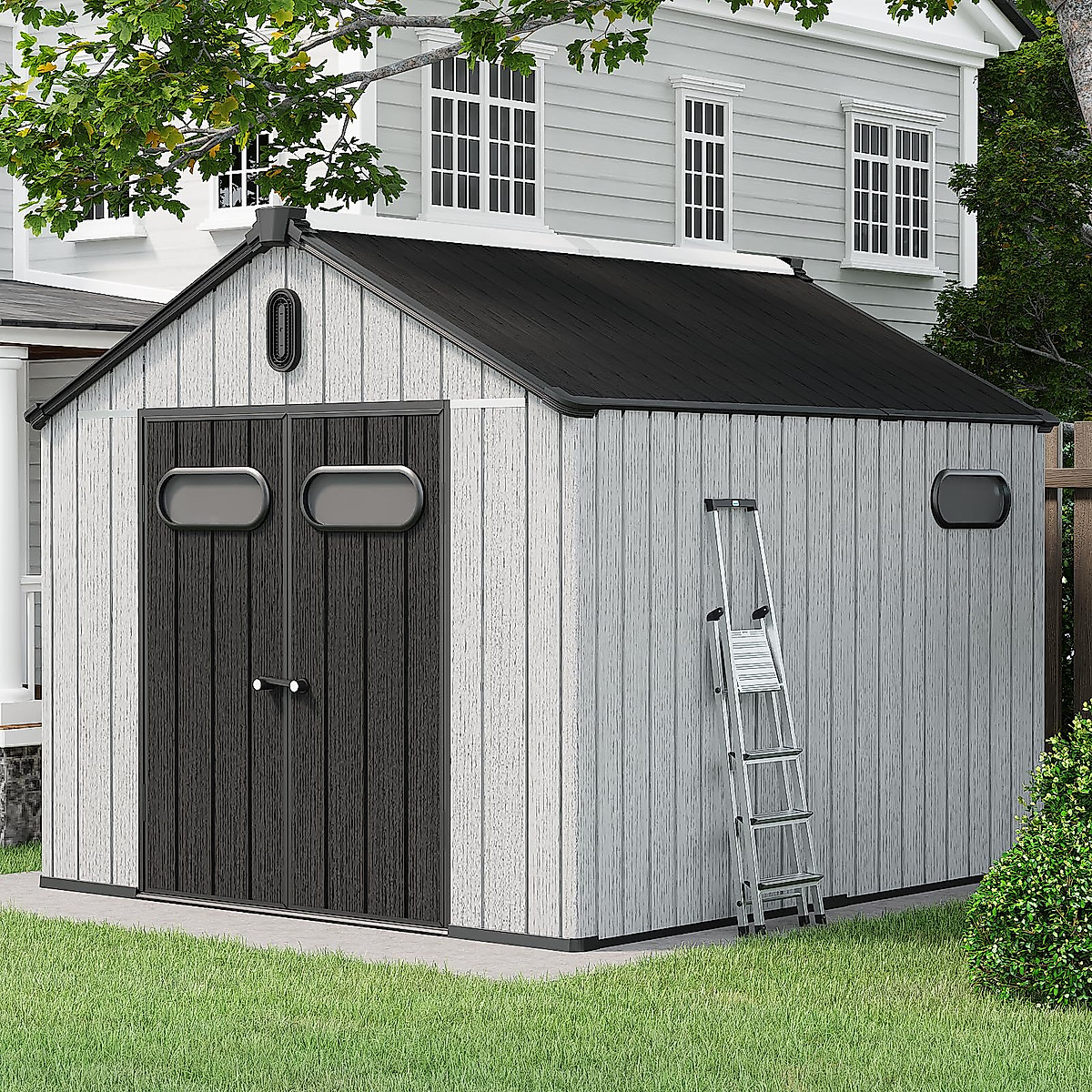 Jolydale 10'x8' Resin Outdoor Storage Shed - Secure Bike, Tool, & Garbage Can Storage with Lockable Door for Backyard, Lawn, & Patio Use