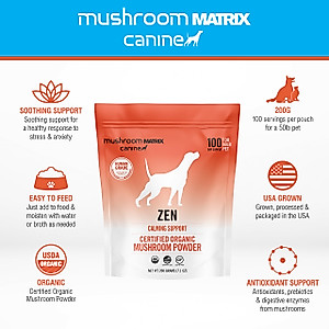 Om Mushroom Matrix Pet - Canine | Zen Matrix Mushroom Blend | USA Grown Human-Grade Organic Mushroom Powder Pet Supplement | Calming Soothing Support for Dogs & Cats | 200 Grams, 7.1 oz