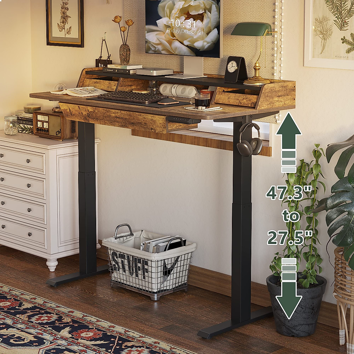 FEZIBO Electric Standing Desk, 55 x 24 Inches with 3 Drawers, Black Frame/Rustic Brown Top with File Cabinet