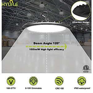 Hylele UFO LED High Bay Lights 150W-120W-100W Adjustable Commercial Bay Lighting 24000lm 6000K/5000K/4000K 0-10V Dimmable Plug-in for Warehouse Workshop