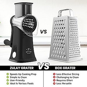 Zulay Rotary Cheese Grater 5 Blade Cheese Shredder - Manual Hand Crank Cheese Grater With Reinforced Suction & 5 Interchangeable Drums - Easy to Use, Vegetable Chopper Round Mandoline Slicer - Black