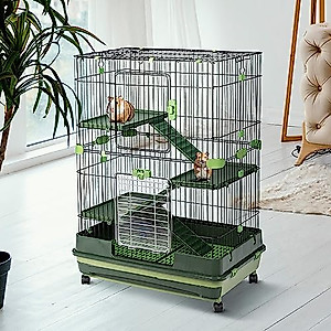 HomSof 4-Tier 32" Small Animal Metal Cage Height Adjustable with Lockable Casters Grilles Pull-Out Tray for Rabbit Chinchilla Ferret Bunny Guinea Pig Squirrel Hedgehog(Green)