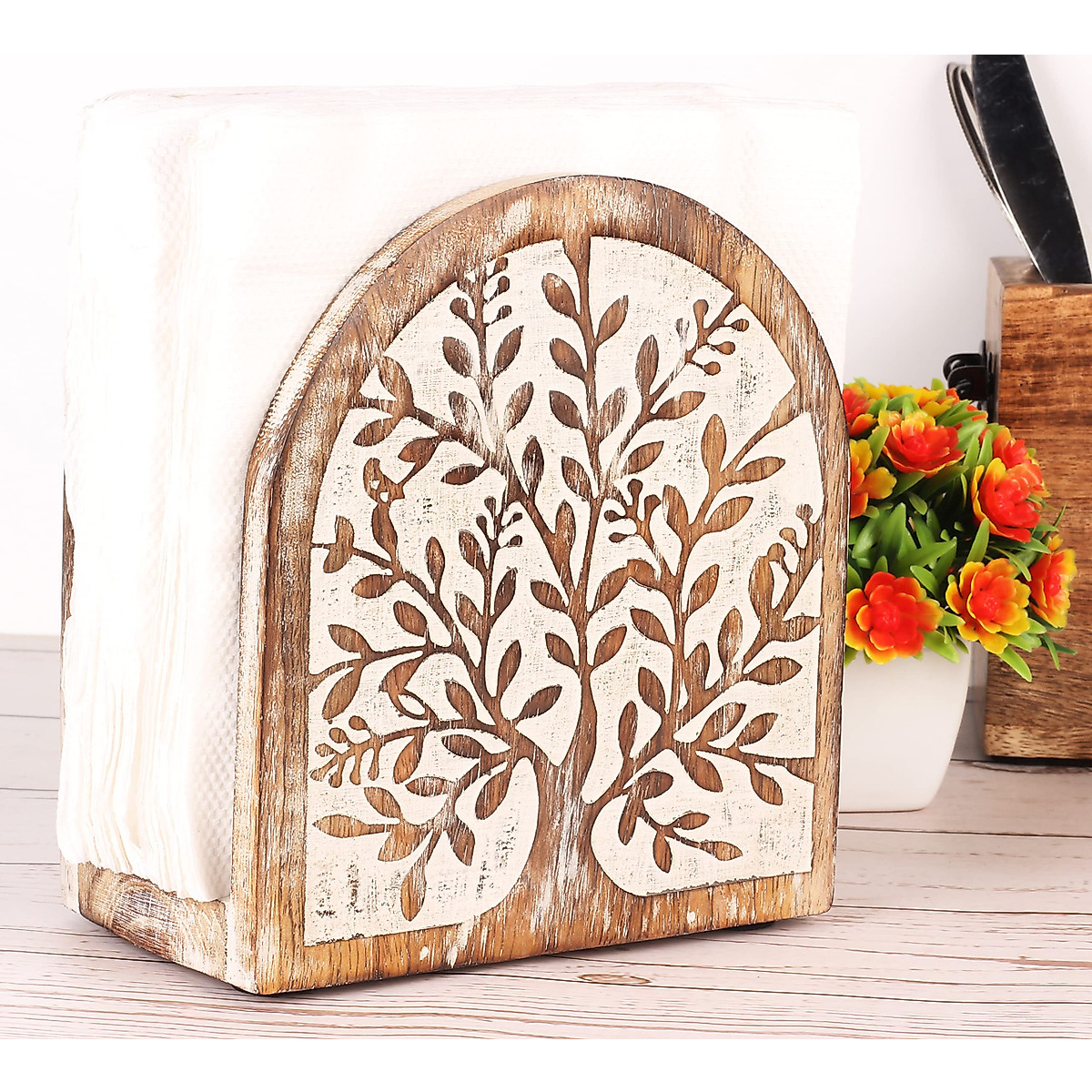 Wooden White Wash Tree of Life Tissue Paper Holder with Full Size Decorative Napkin Stand Tissue Paper Organizer for Home & Kitchen Dining Table Stand