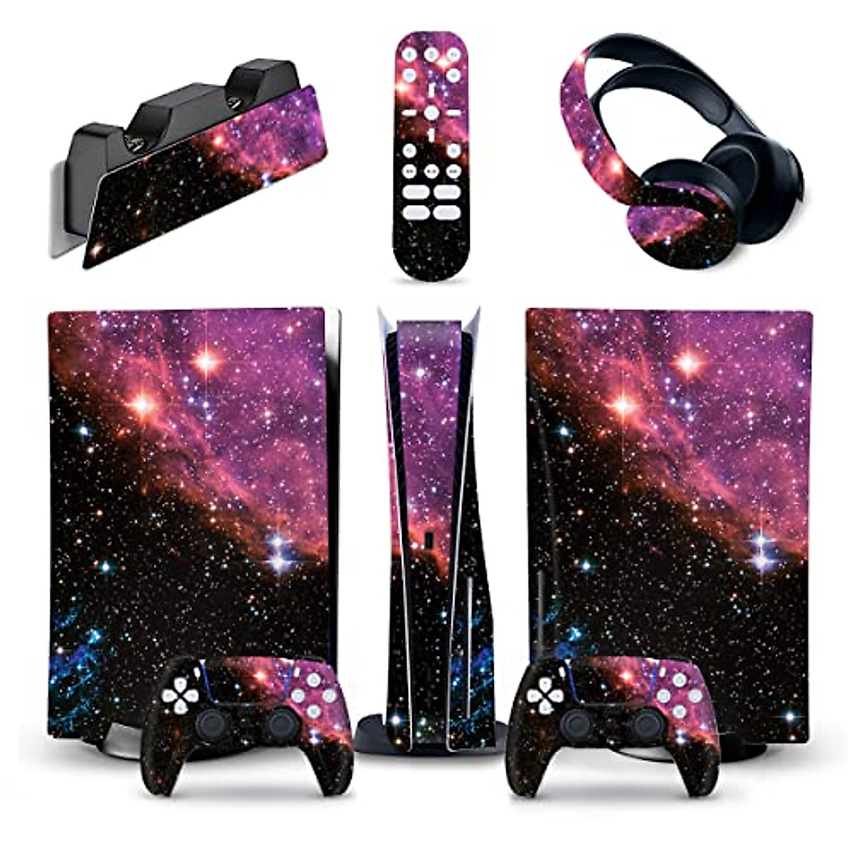 CENSTEEL PS5 Skin for PlayStation 5 Disc Version, Sticker for PS5 Vinyl Decal Cover for Playstation 5 Controller & Charging Station & Headset & Media Remote - Purple Starry Sky