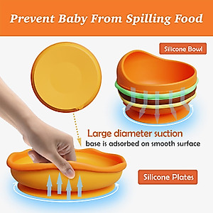 VOD VISUAL Baby Led Weaning Supplies, Silicone Feeding Set - Bowls and Plates with Suction, Toddler Spoons Fork, Cups Replaceable Lids Orange/Yellow standard