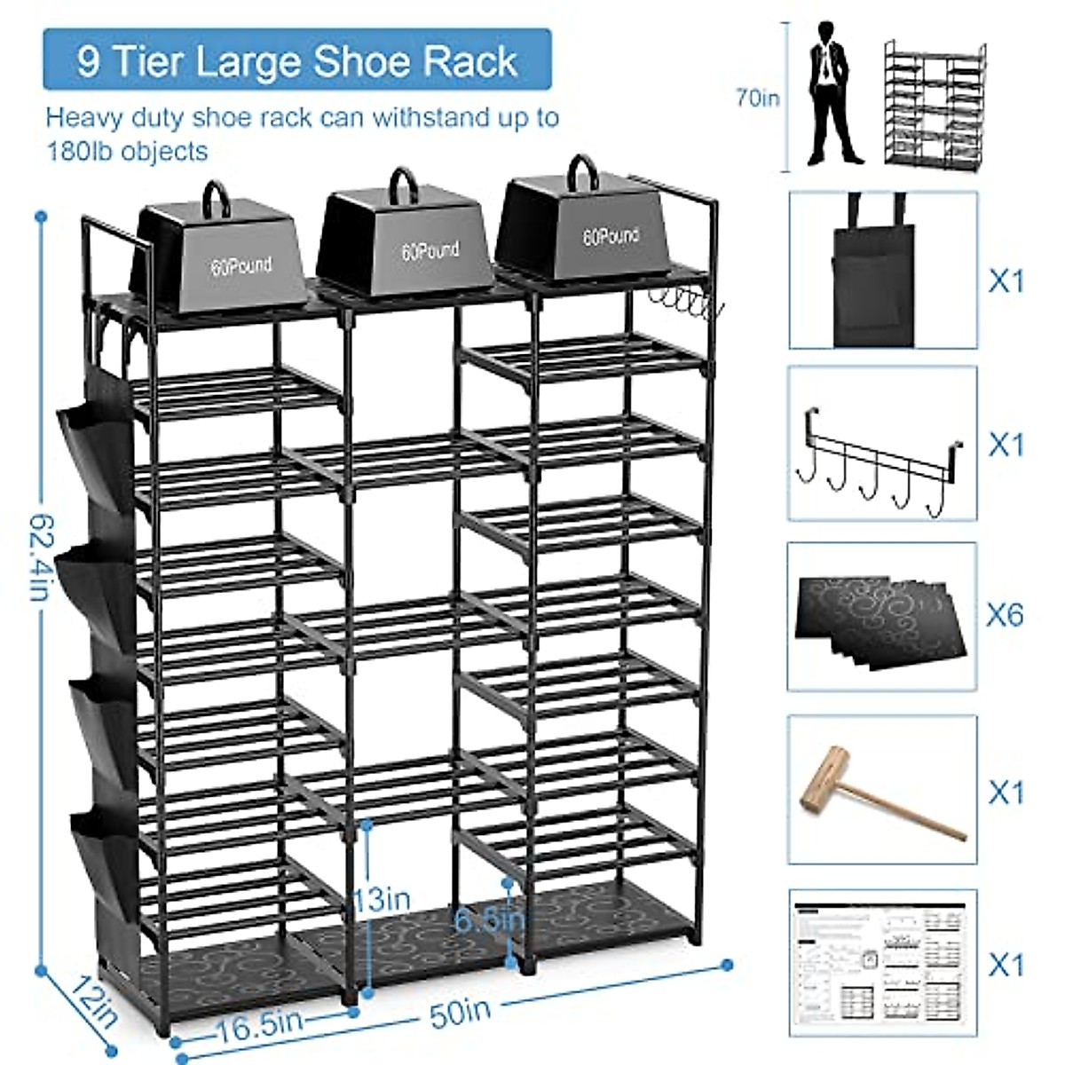 Huolewa Large Shoe Rack Storage Organizer, 4 Row/3 Row 9 Tier Large Shoes Rack for Entryway Closet, Free Standing Shoes Shelf Stand