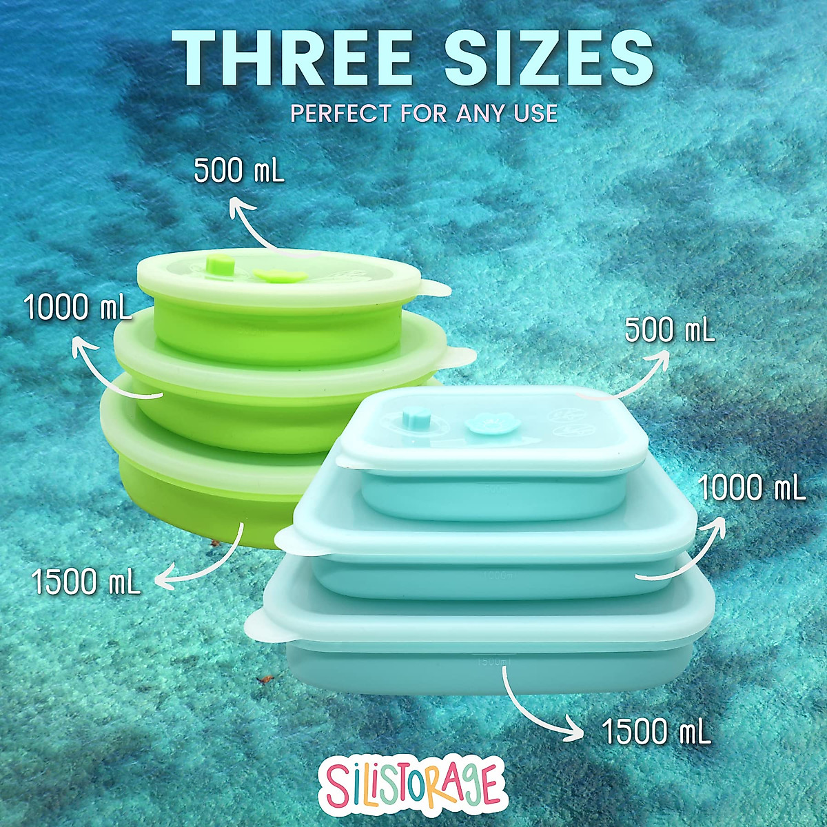 SiliStorage Set of Three Rectangular Collapsible Food Storage Containers with Airtight Flexible Lids - BPA Free, Compact, Oven, Microwave and Freezer Safe (Square Set)