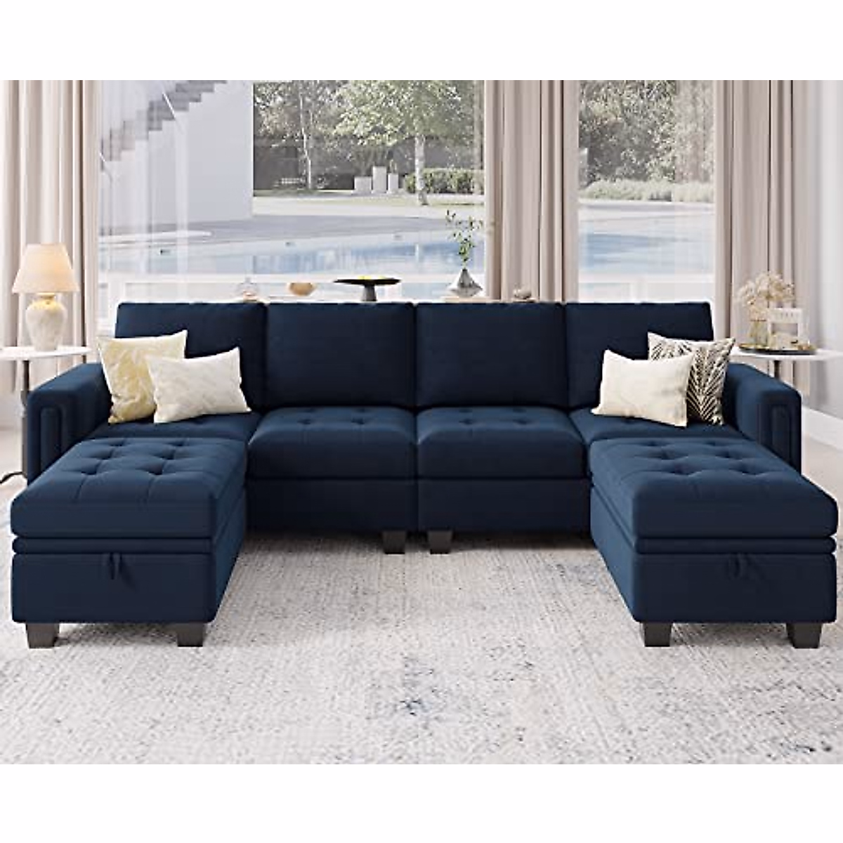 Belffin Velvet U Shaped Sectional Sofa Couch with Storage Ottoman Convertibel Sectional Sofa with Reversible Chaises Blue